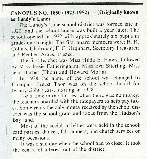 Saskatchewan Gen Web - One room School Project; Canopus No. 1850, Lundy ...